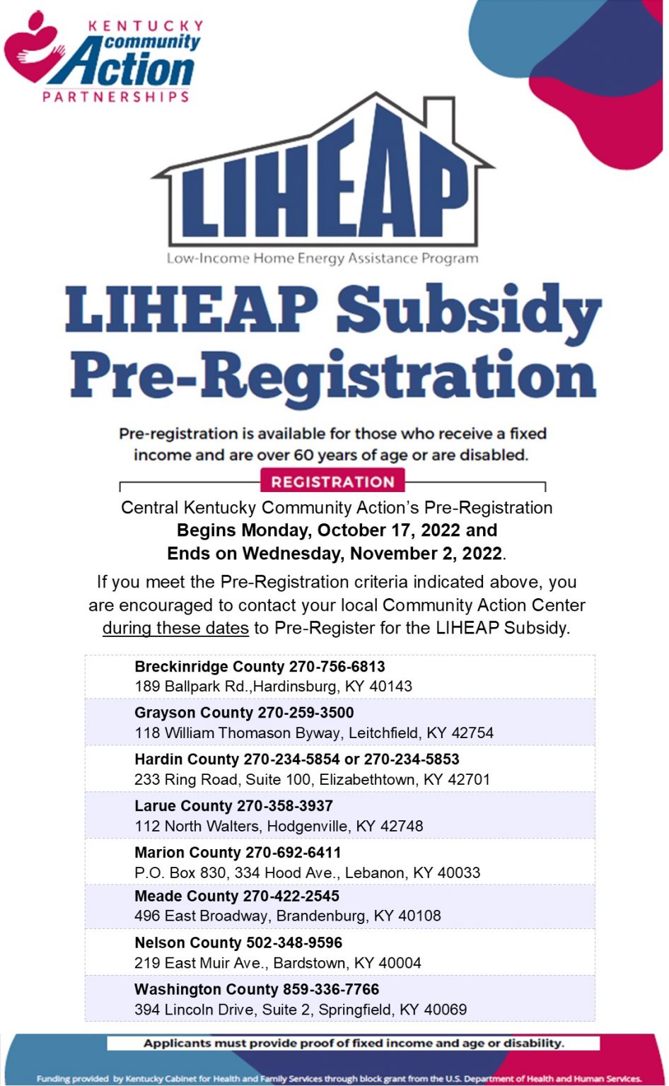 LIHEAP SUBSIDY PRE-REGISTRATION FOR THOSE WHO RECEIVE FIXED INCOME AND ...