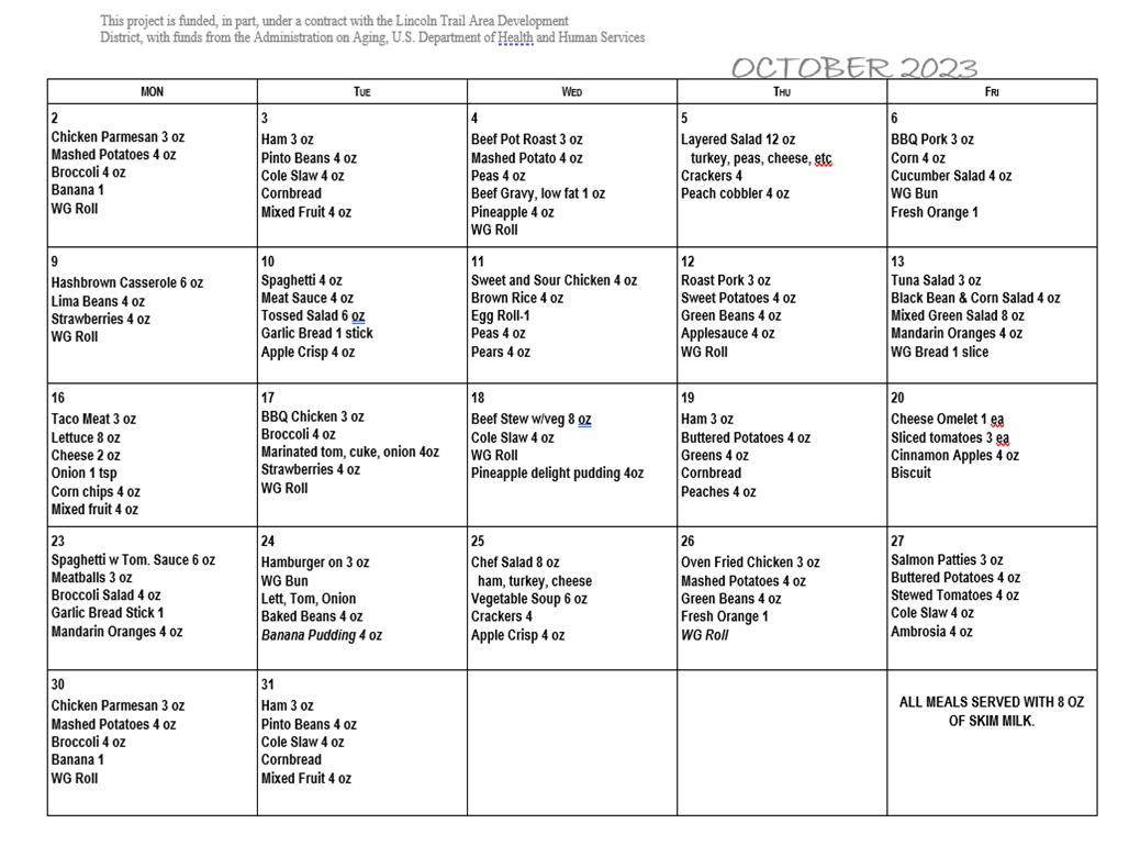 Congregate Meals Menu for October 2023 - CKCAC