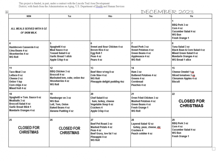 Congregate Meals Menu for December 2023 - CKCAC